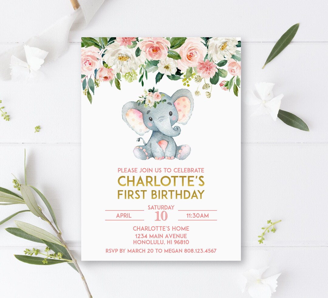 Elephant Birthday Invitation Pink Elephant Girl Birthday Party Invite ...