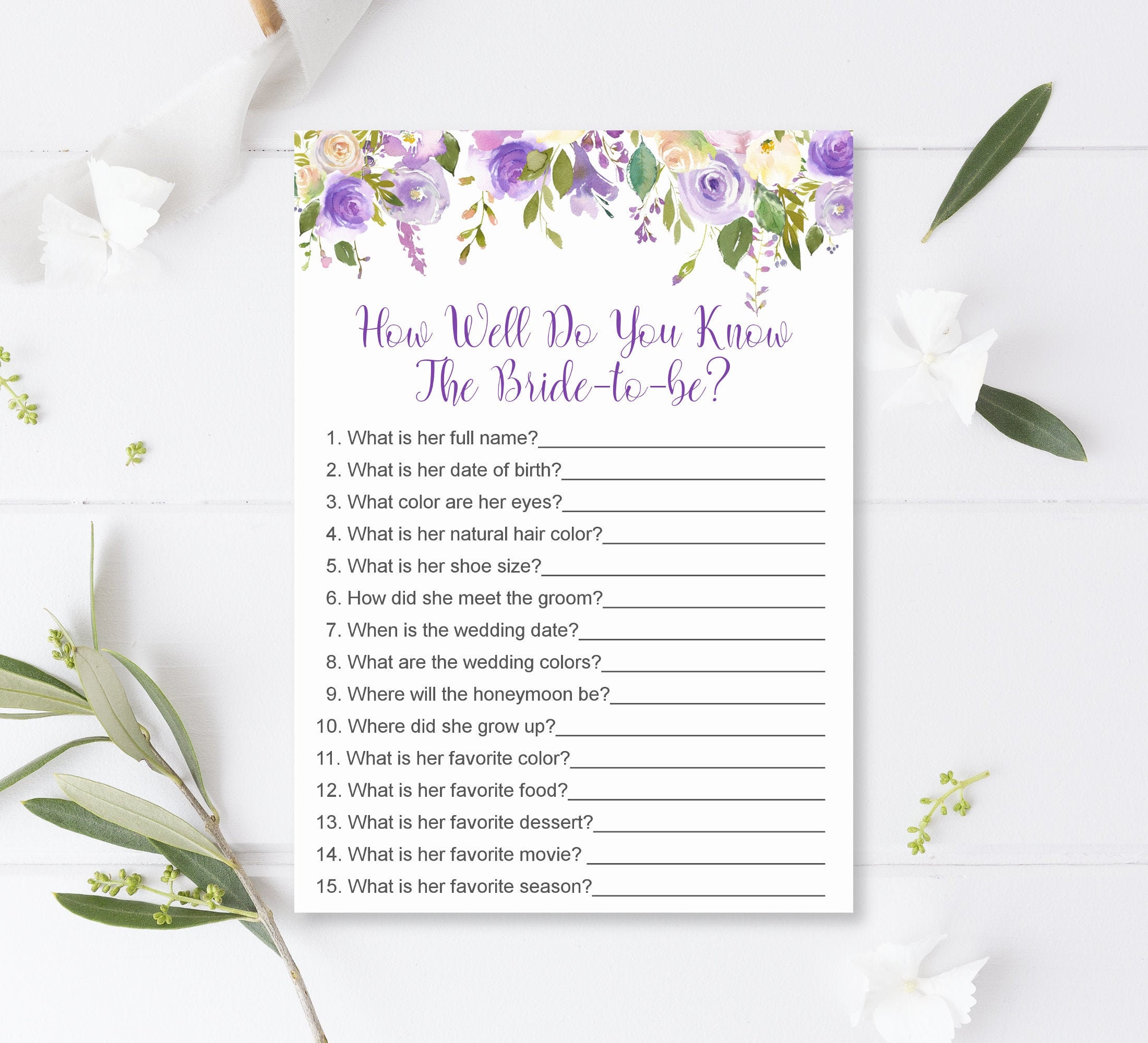 Party Favors & Games Paper & Party Supplies Printable Purple Floral ...