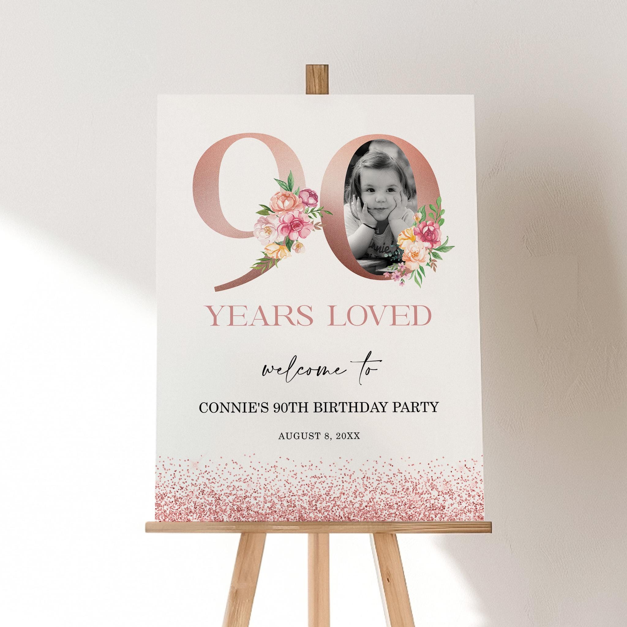 Editable 90th Birthday Welcome Sign, 90 Years Loved Sign, Pink Rose ...