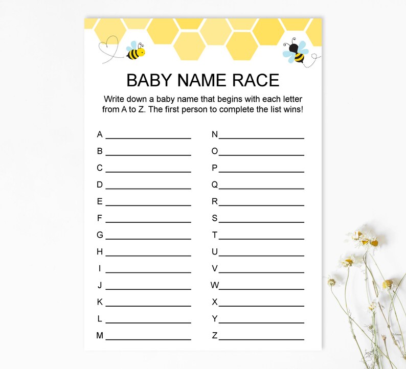 Baby Name Race Game Bumble Bee Baby Shower Game Printable ABC - Etsy