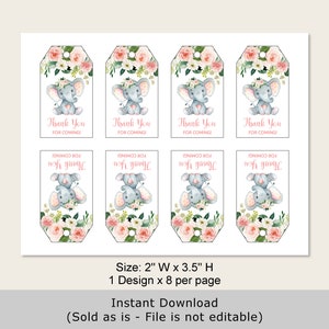 Elephant Baby Shower Thank You Tags Favor Tags Gift Tags Pink Elephant ...