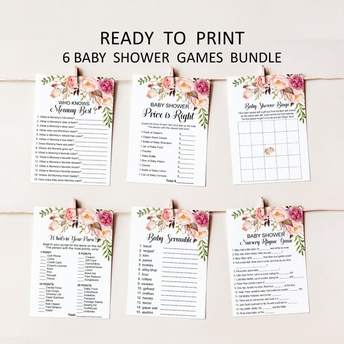 Pink Burgundy Floral Baby Shower Game BUNDLE Six Printable - Etsy