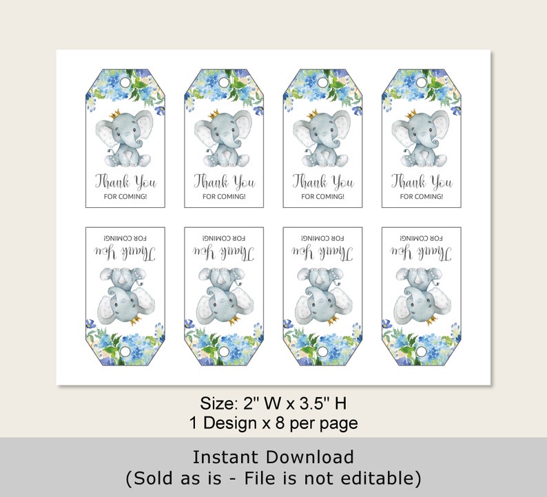 Elephant Thank You Tags Blue Elephant Favor Tags Printable Boy - Etsy