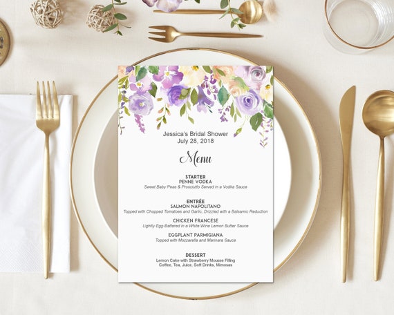 Menu Printable Purple Bridal Shower Baby Shower Birthday Wedding Menu ...