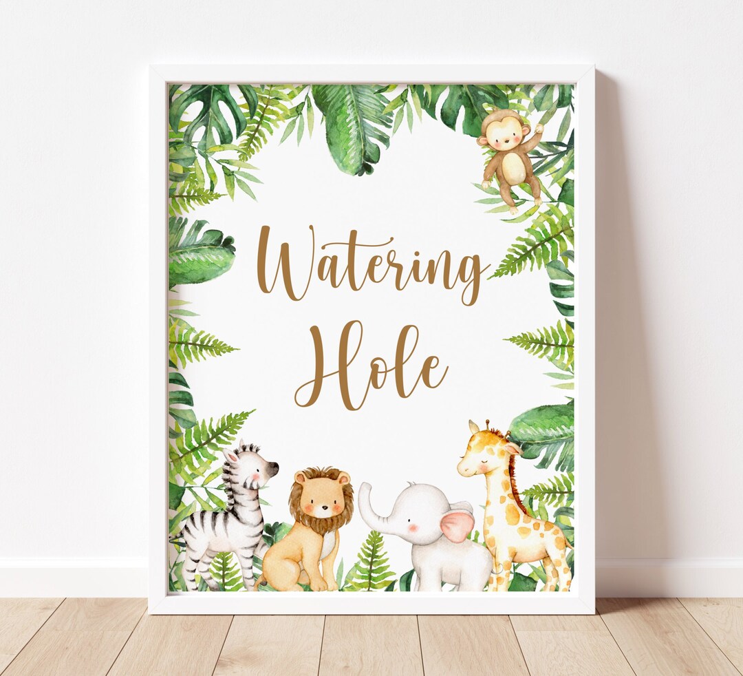 Watering Hole Sign Jungle Safari Animals Wild One Zoo Baby Shower ...