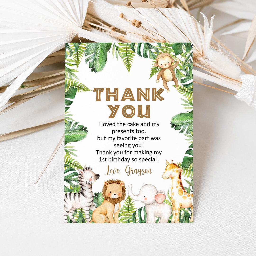 Editable Safari Birthday Thank You Card Jungle Animals Thank You Note ...