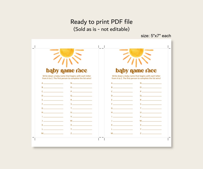 Sun Baby Shower Baby Name Race Game Here Comes the Sun Retro - Etsy