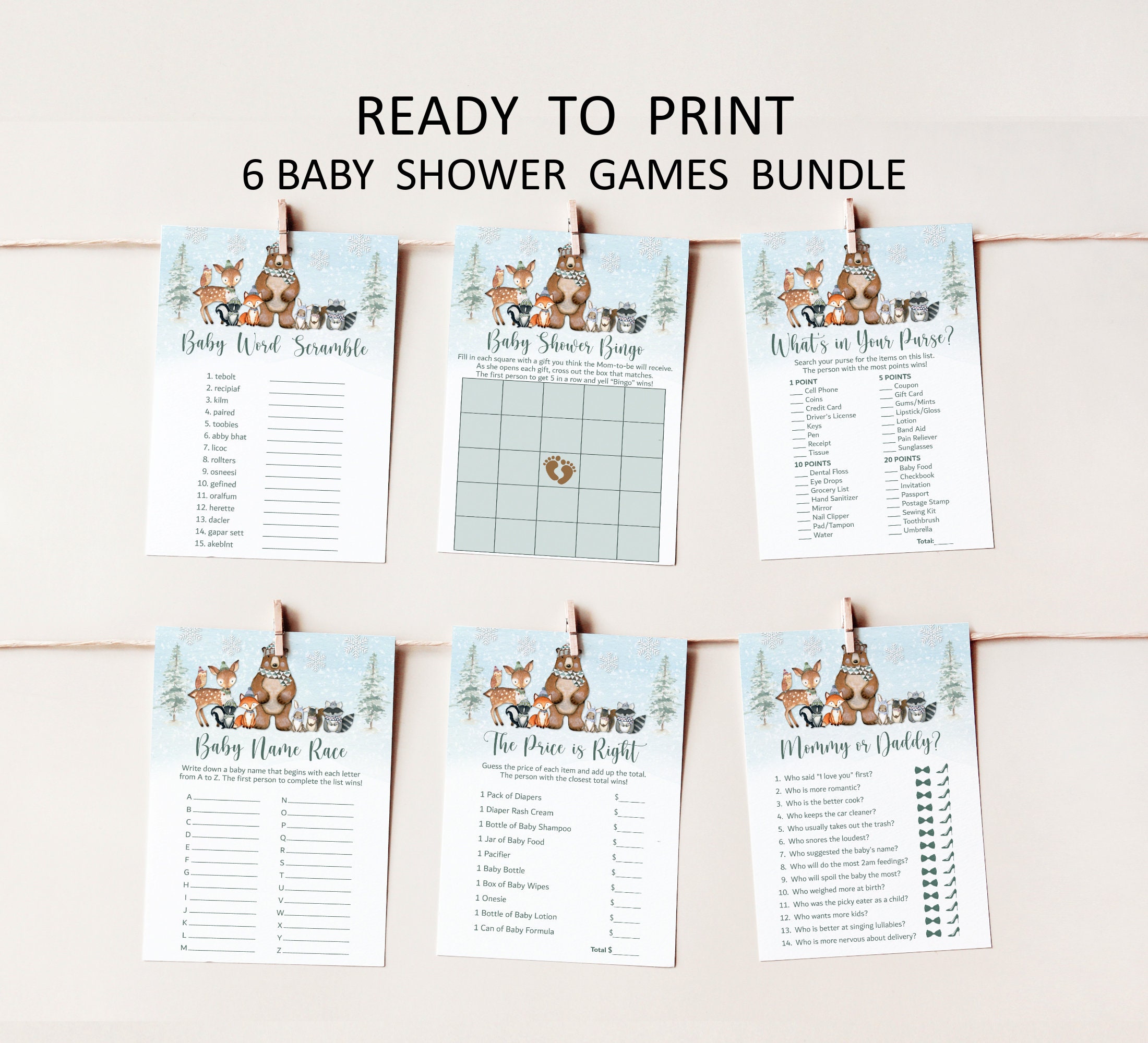 Woodland Baby Shower Games Bundle Winter Woodland Animals Baby - Etsy