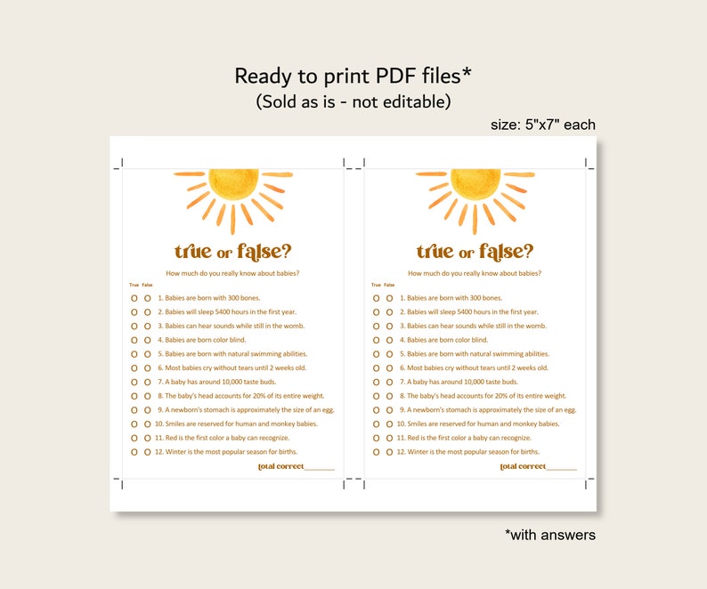 Sun Baby Shower True or False Game Here Comes the Sun Retro - Etsy