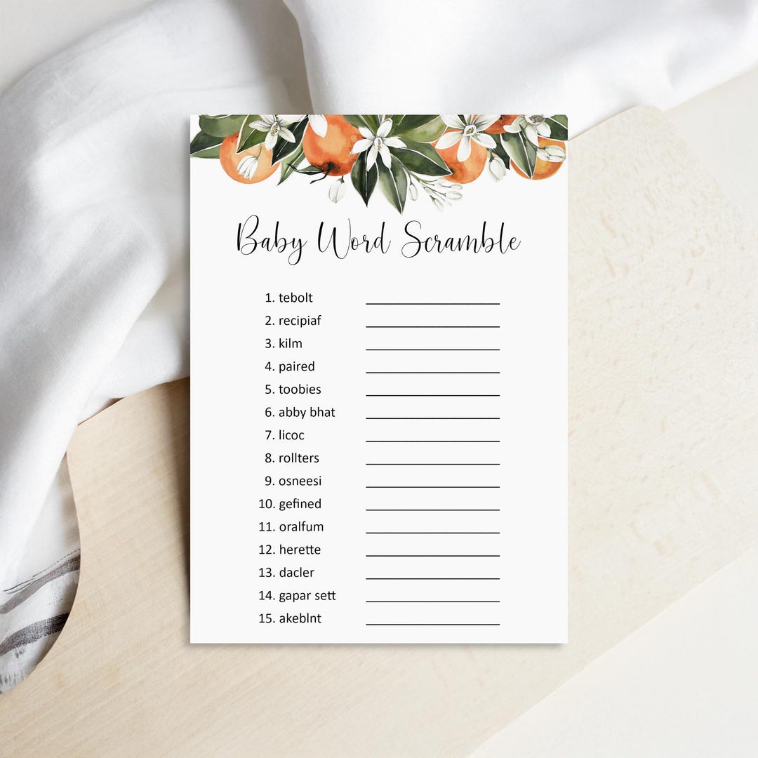Orange Citrus Baby Word Scramble Game With Answer Citrus Baby Shower ...