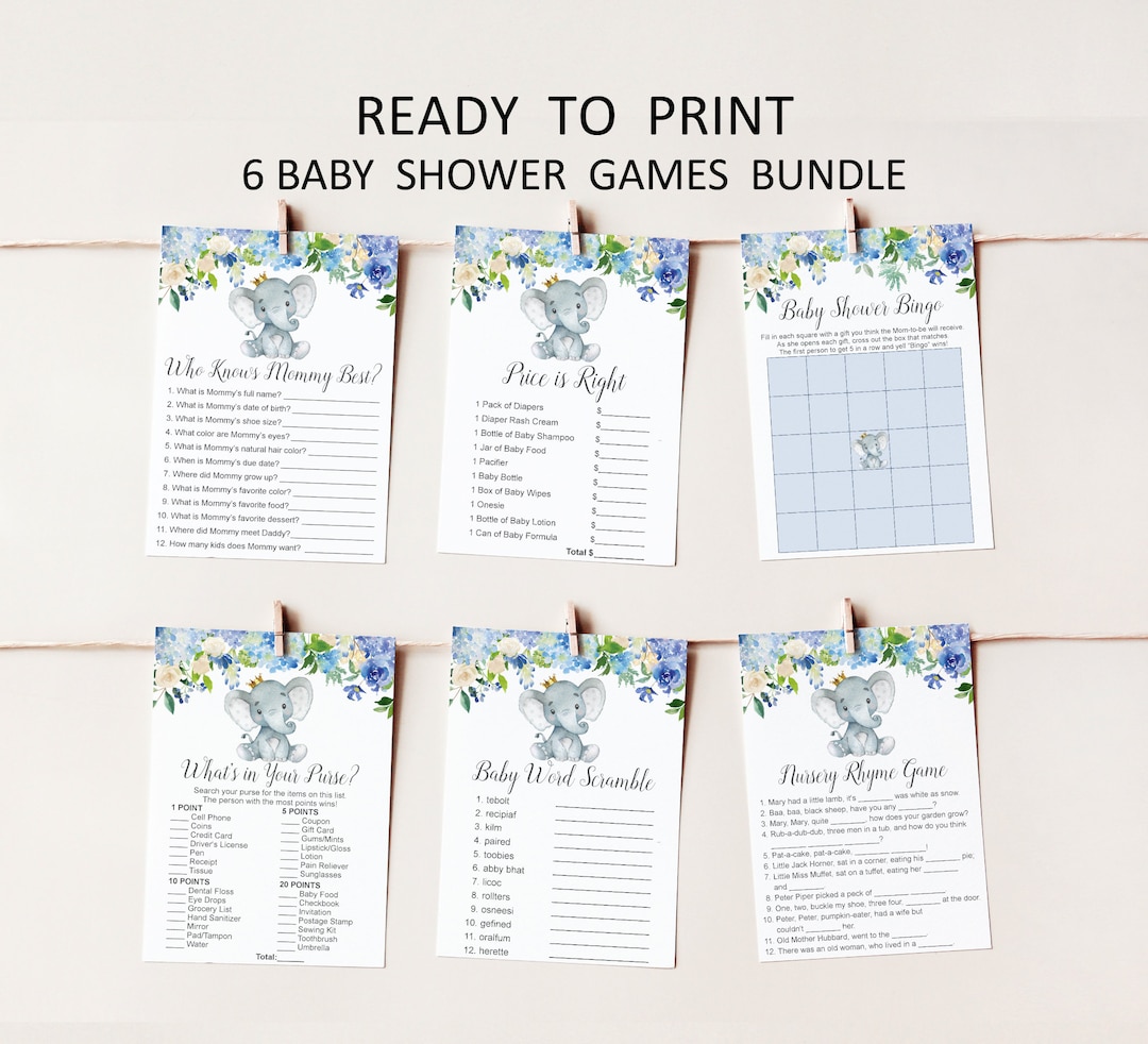 Elephant Baby Shower Games Bundle Blue Elephant Boy Elephant Baby ...