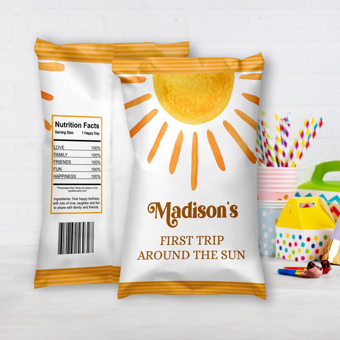 Editable Boho Sun Chip Bag Label First Trip Around the Sun - Etsy