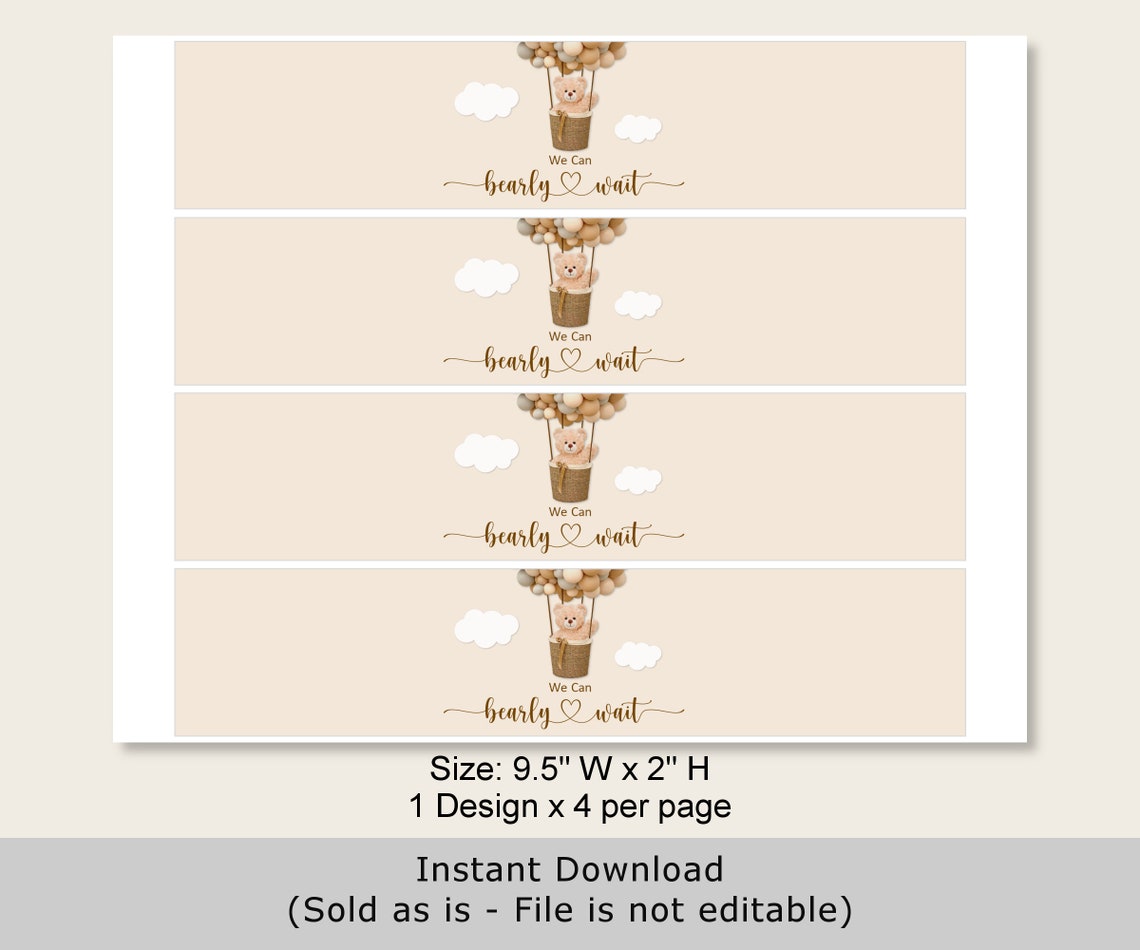Teddy Bear Water Bottle Labels We Can Bearly Wait Bear Baby Shower ...