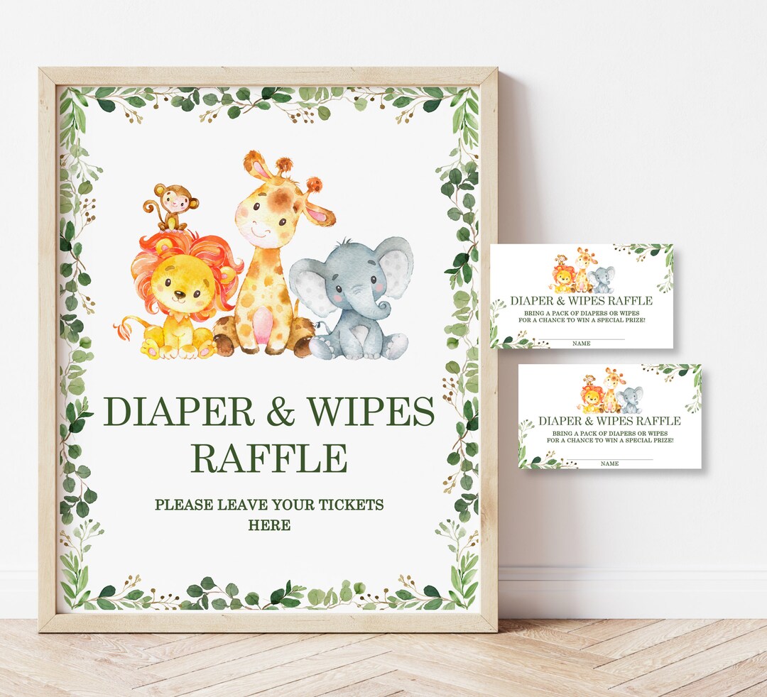 Diaper and Wipes Raffle Tickets and Sign Jungle Baby Shower Game Safari ...