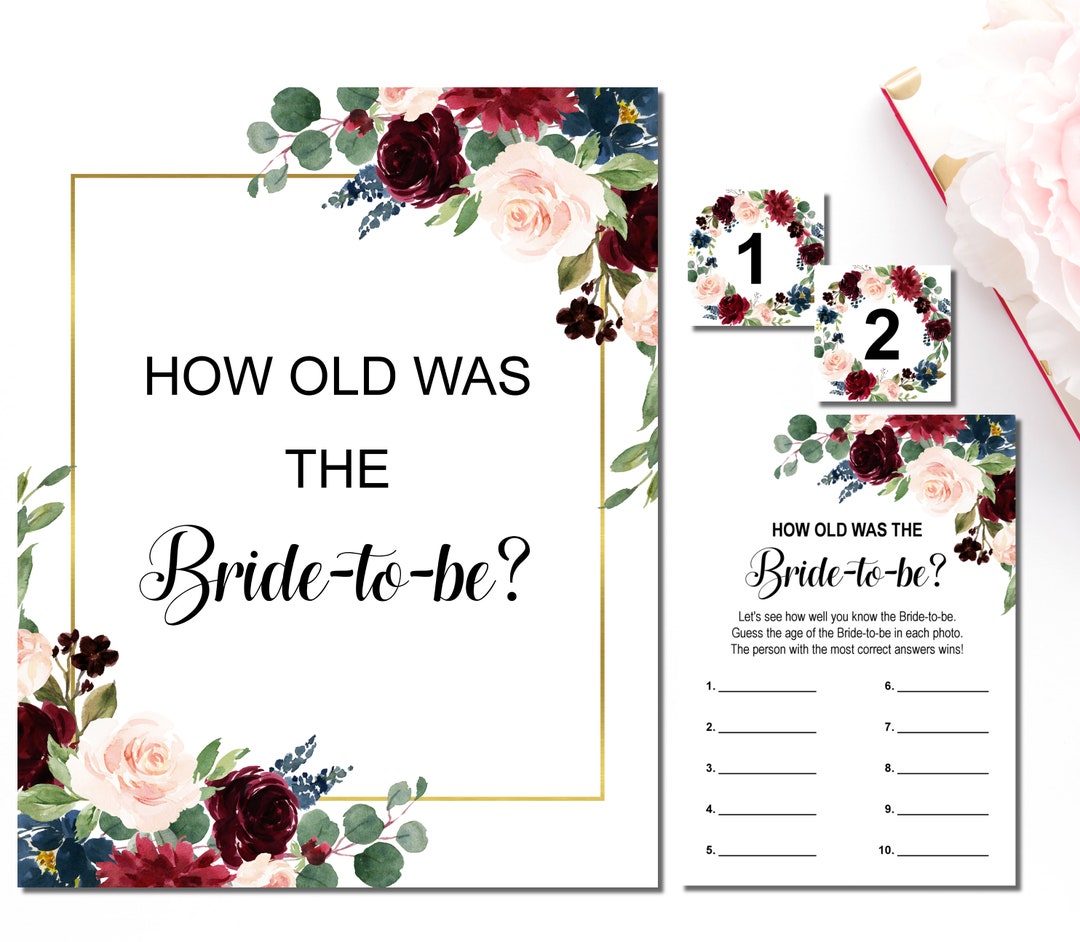 How Old Was the Bride to Be Game Navy Burgundy Bridal Shower Game ...