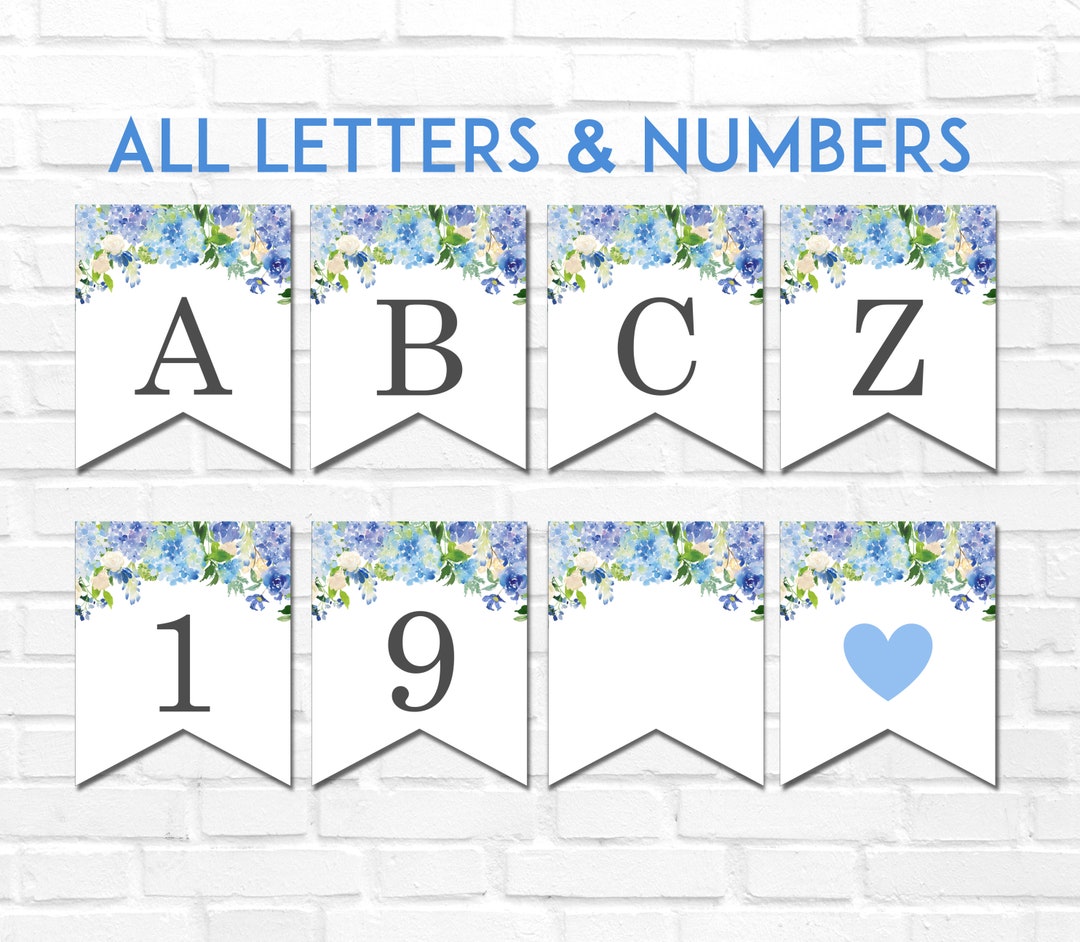 Blue Floral Printable Banner Alphabet A-Z & Numbers Hydrangea Boho ...