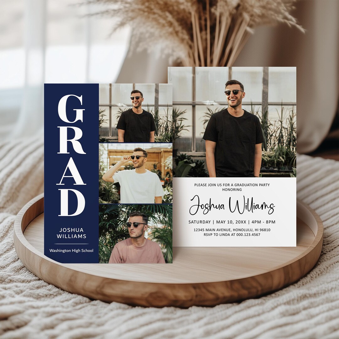 Editable Graduation Announcement Modern Navy Blue Grad Photo Card ...