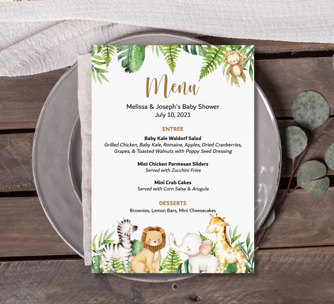 Jungle Safari Menu Printable Menu Cards Menu Sign Jungle Baby Shower ...