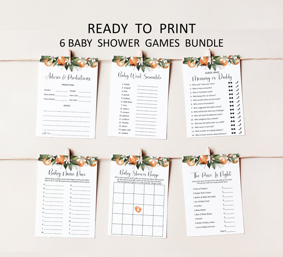 Citrus Baby Shower Games Bundle Little Cutie Baby Shower Games Orange ...