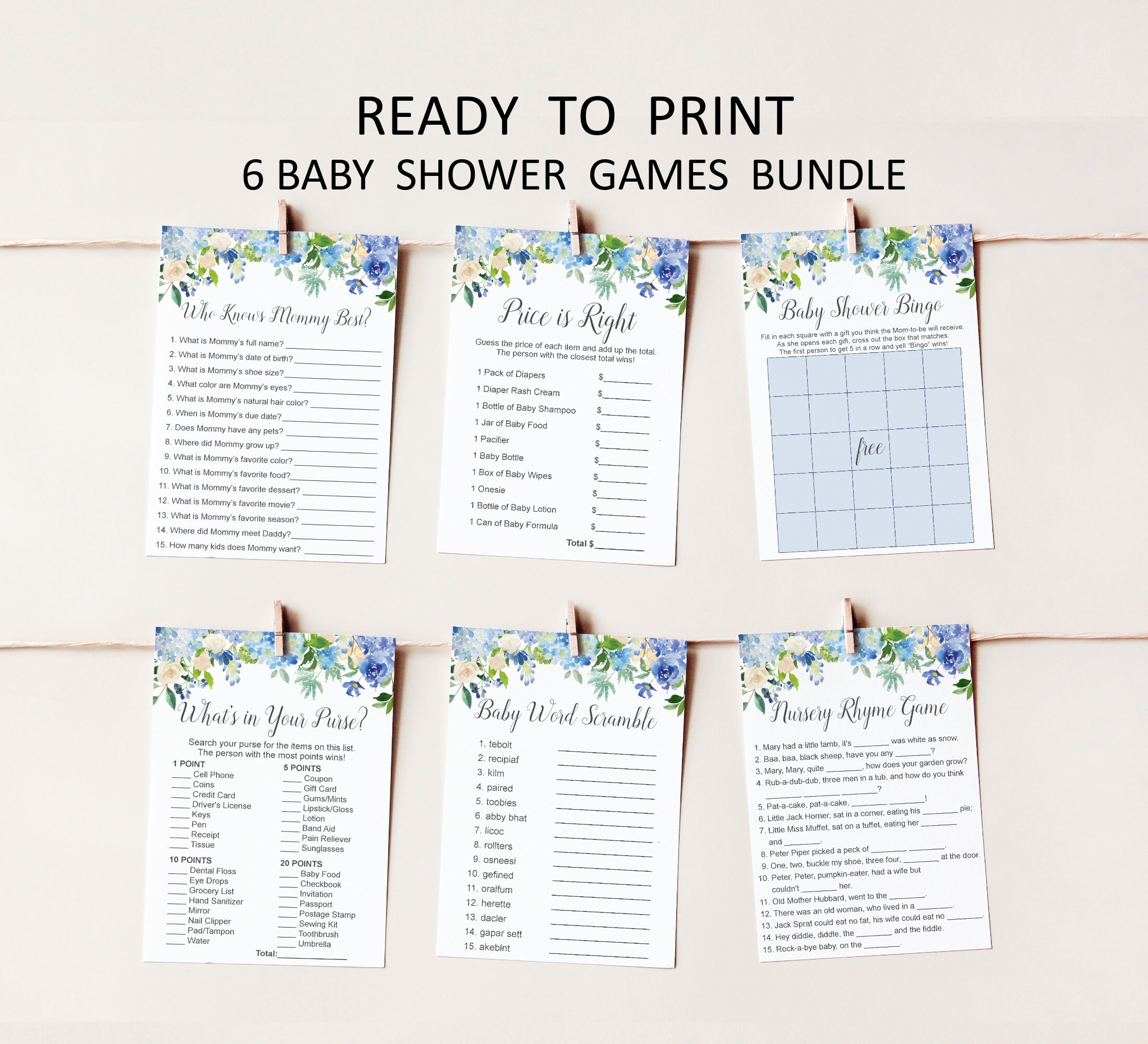 Blue Floral Baby Shower Games Printable Game Bundle Hydrangea - Etsy