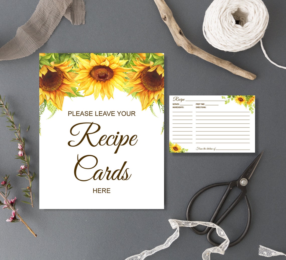Sunflower Recipe Cards Printable Bridal Shower Recipe Template - Etsy