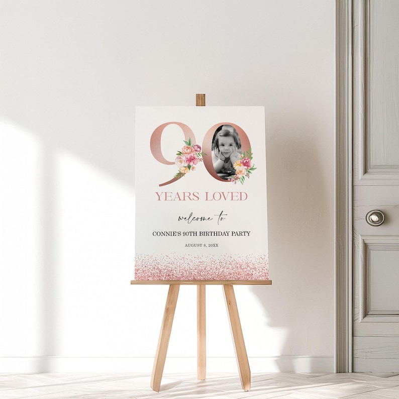 Editable 90th Birthday Welcome Sign, 90 Years Loved Sign, Pink Rose ...