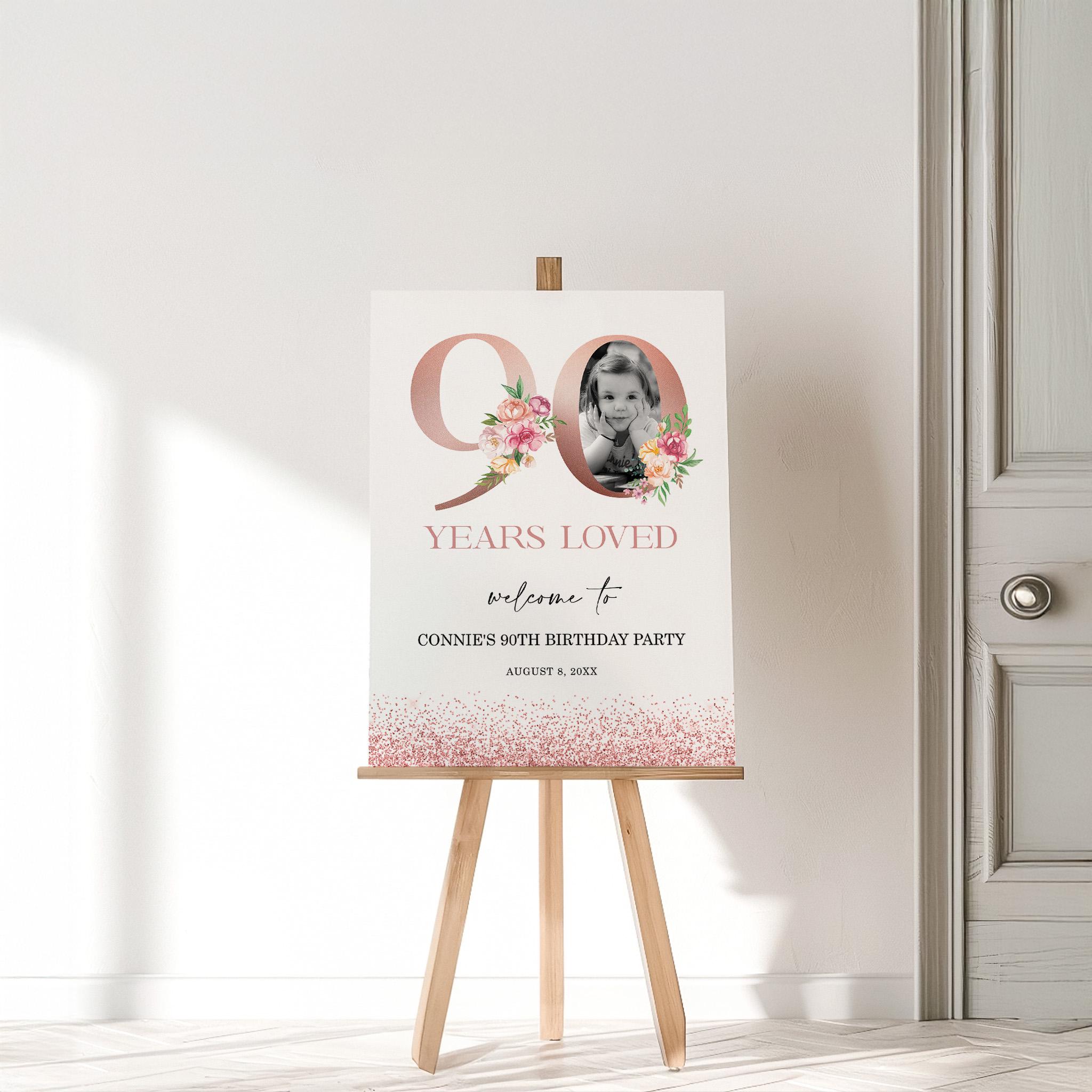 Editable 90th Birthday Welcome Sign, 90 Years Loved Sign, Pink Rose ...