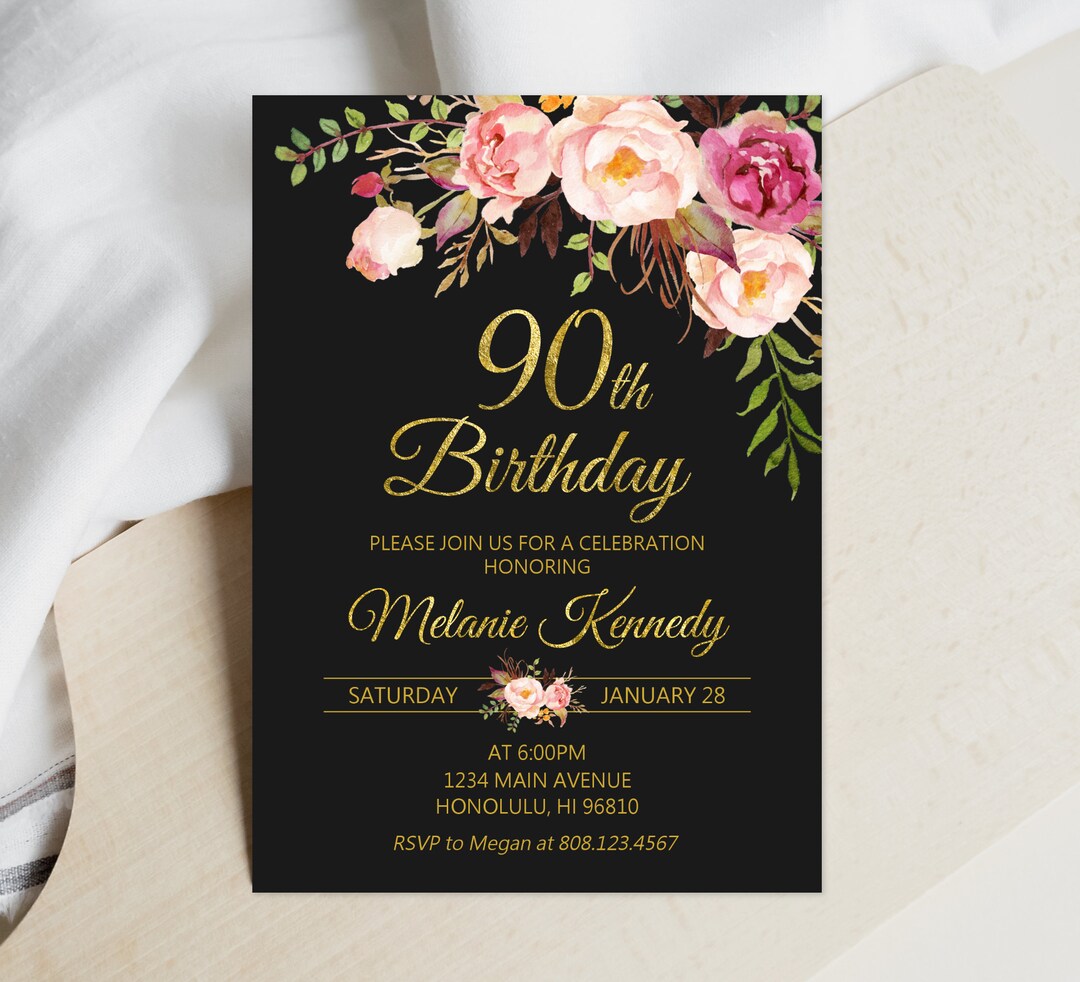 CUSTOM Any Age 90th Birthday Invitation for Women Pink Floral Black and ...