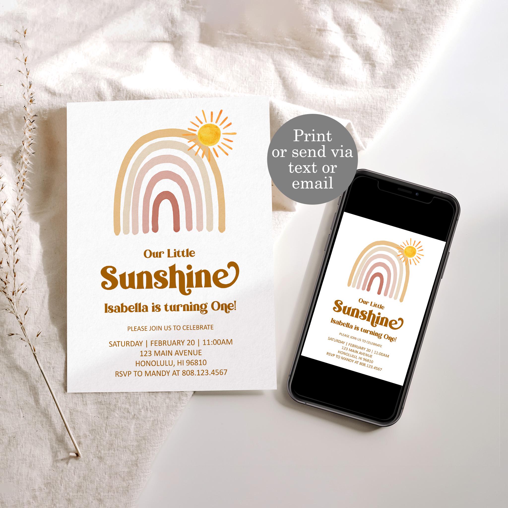 Editable Sunshine First Birthday Bundle - Boho Rainbow Printable Party ...