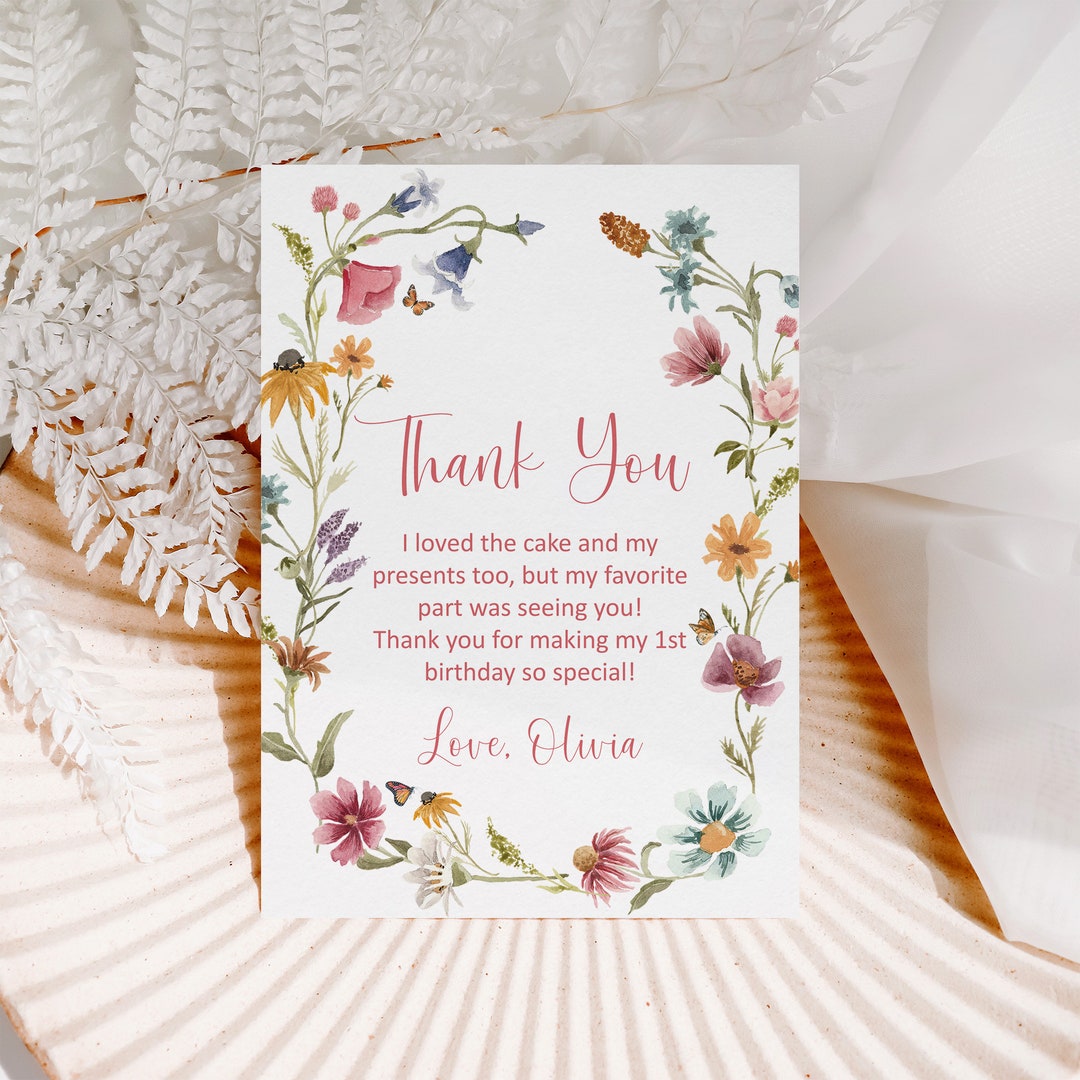 Editable Wildflower Thank You Card Floral Birthday Thank You Note Card ...