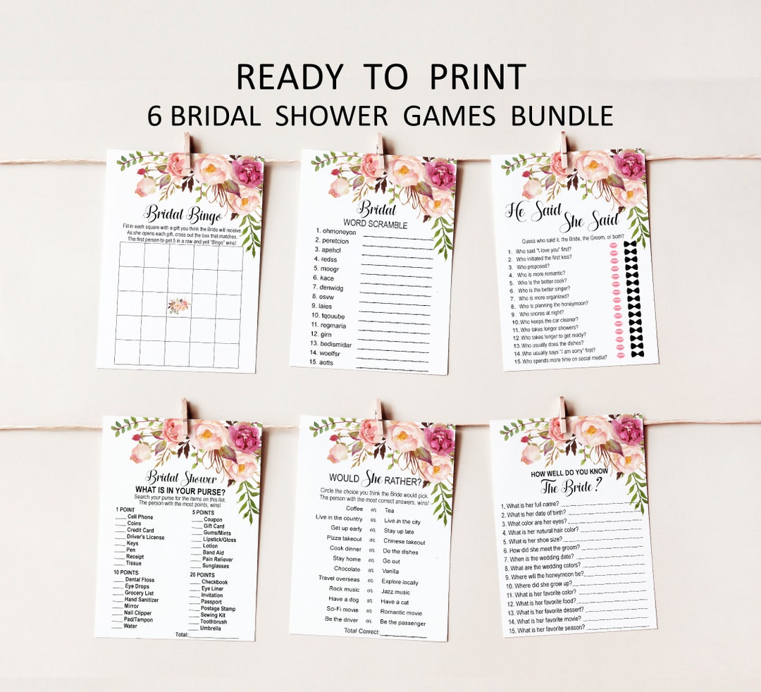 Pink Blush Floral Bridal Shower Games Bundle Boho Bridal Shower Games ...