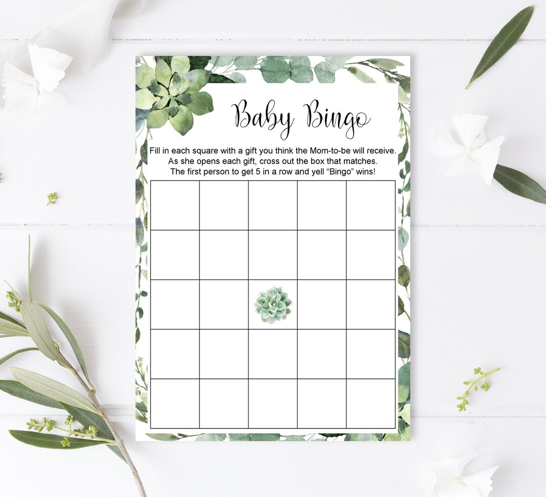 Baby Shower Bingo Cards Greenery Succulent Baby Shower Game Green ...