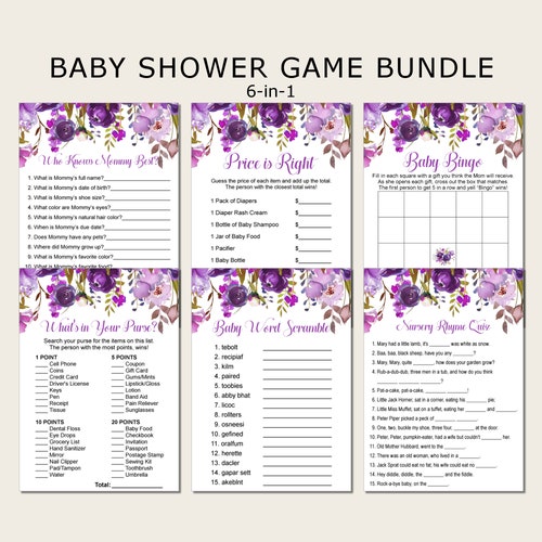 Girl Floral Baby Shower Game Package 8 Printable Purple | Etsy
