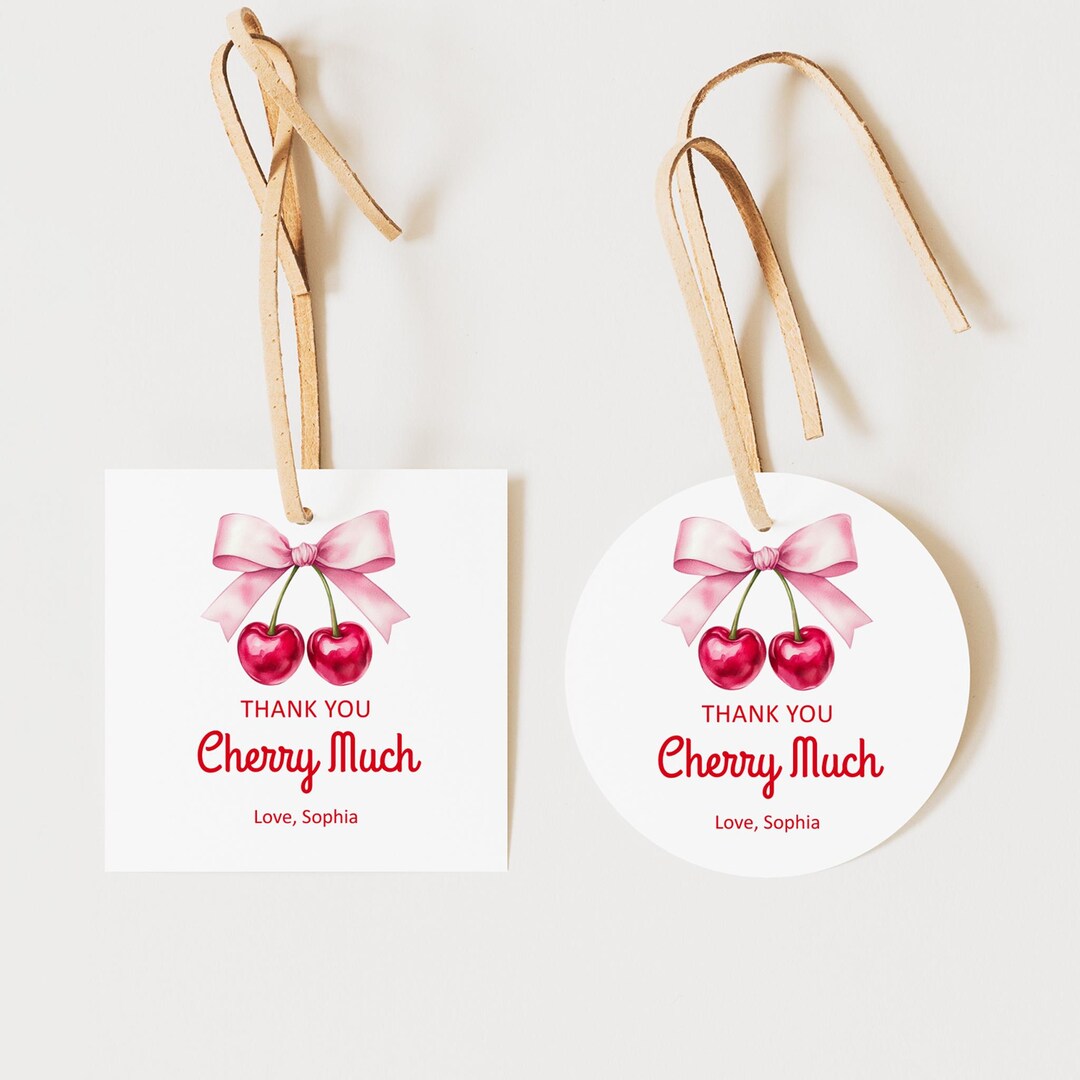 Editable Pink Bow Cherry Thank You Tag Cherry on Top Party Favor Tag ...