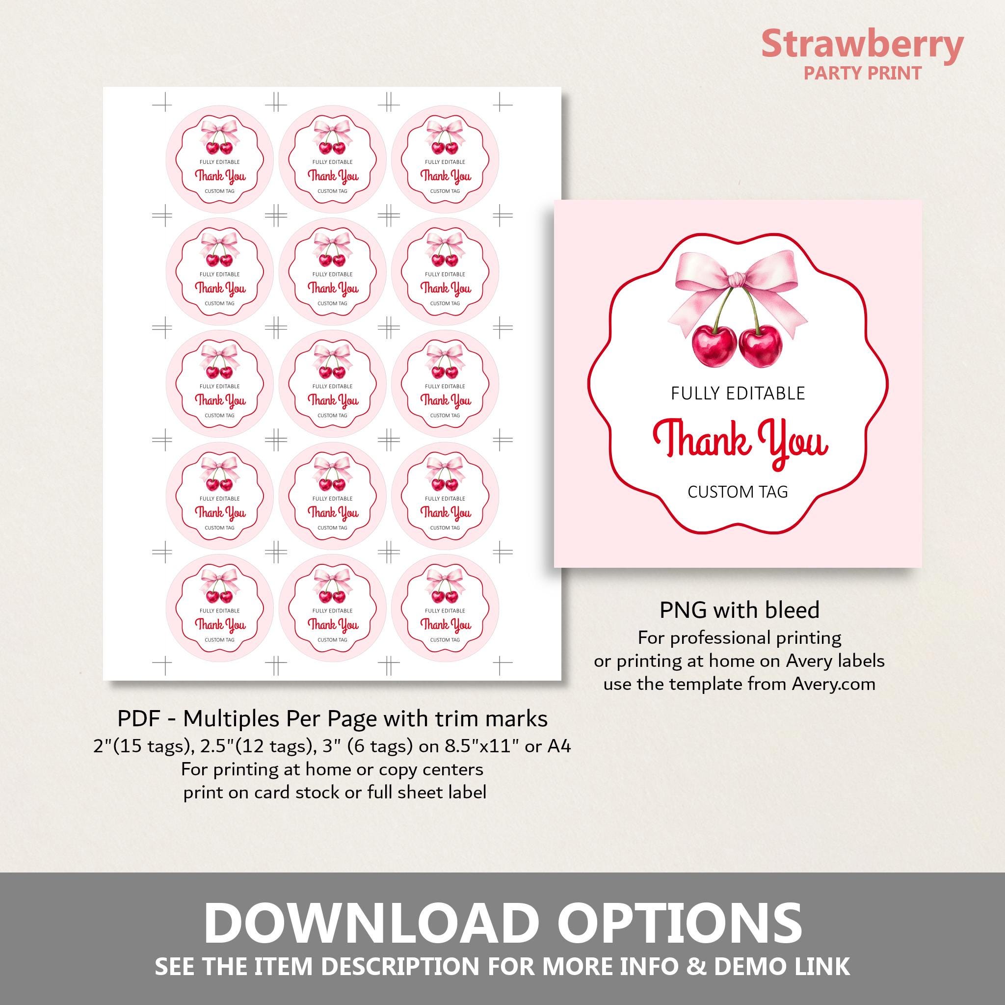Editable Pink Bow Cherry Thank You Tag Cherry on Top Party Favor Tag ...