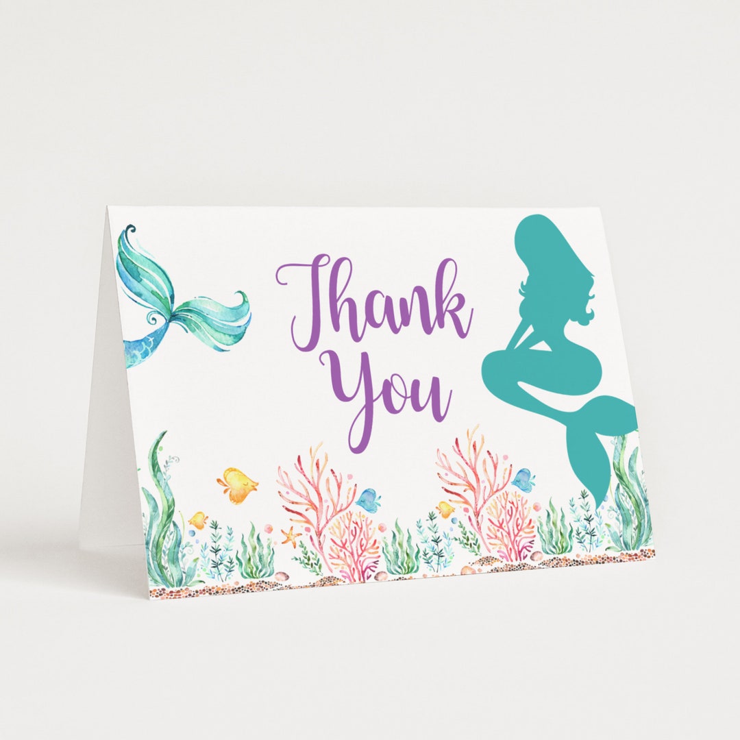 Mermaid Thank You Card Printable Folded Thank You Note Card Under the ...