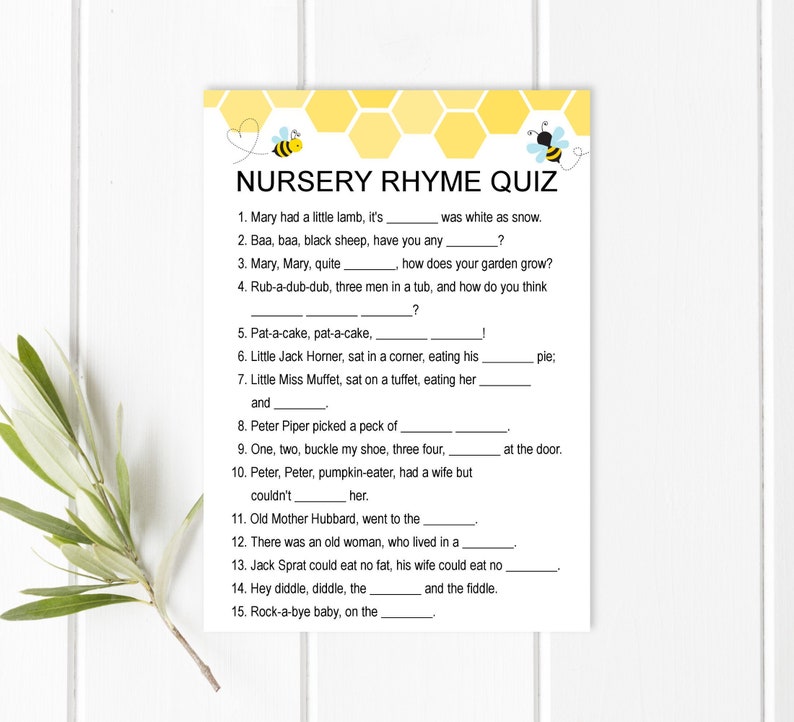 Nursery Rhyme Quiz Bumble Bee Baby Shower Game Printable Honey | Etsy