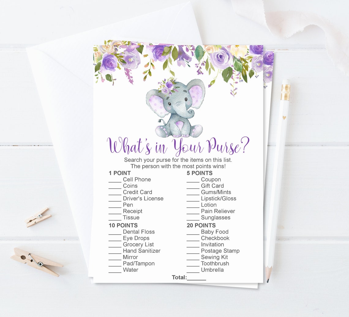 Elephant Baby Shower Game What's in Your Purse Game - Etsy