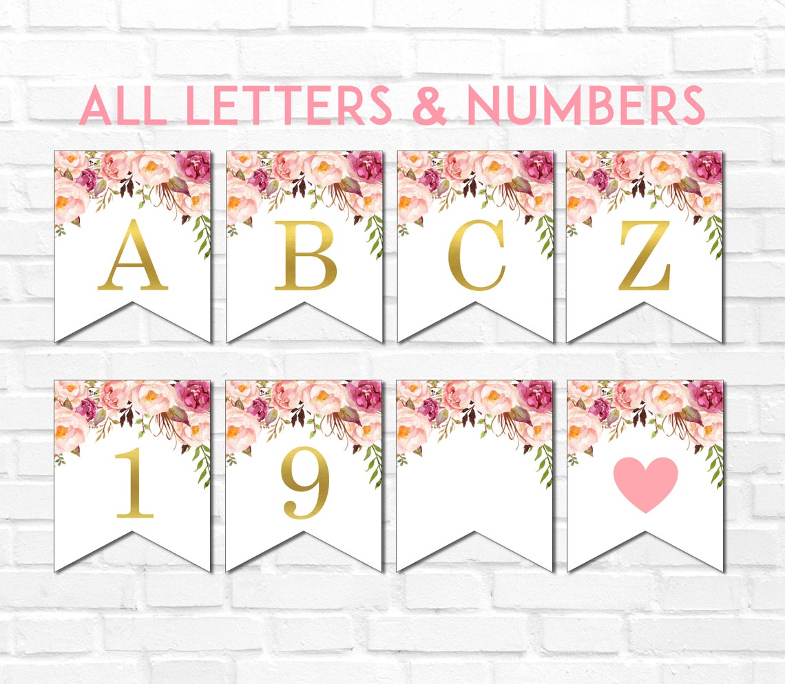 Pink Floral Printable Banner Alphabet A-Z and Numbers Pink & - Etsy