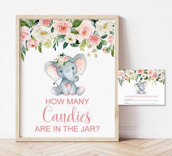 Guess How Many Candies Are In The Jar Elephant Baby Shower Game Blush Pink Floral Candy Guessing 