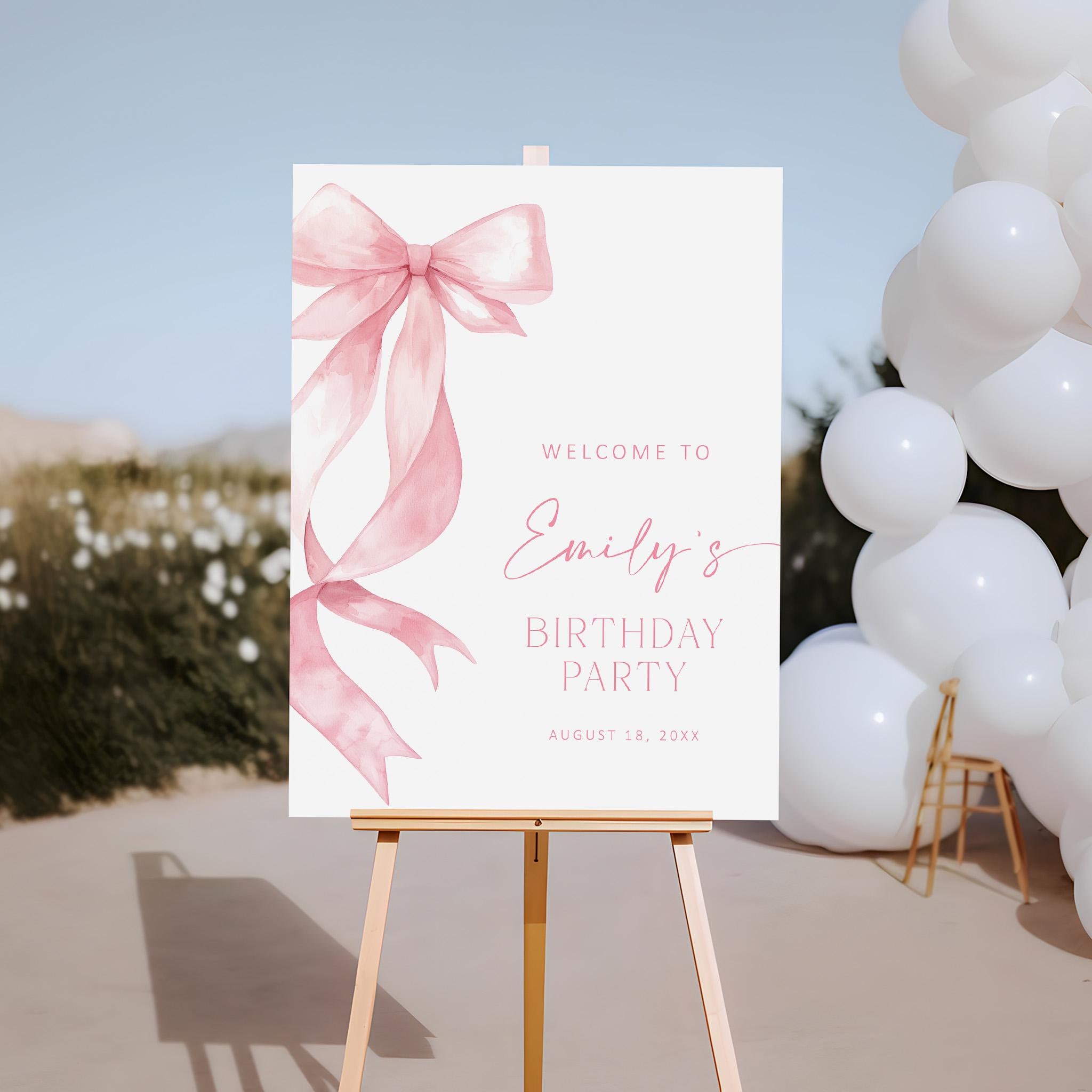 Editable Pink Bow Birthday Welcome Sign, Coquette Bow Birthday Party ...