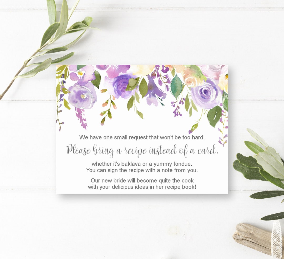Recipe Request Card Purple Bridal Shower Please Bring a Recipe ...