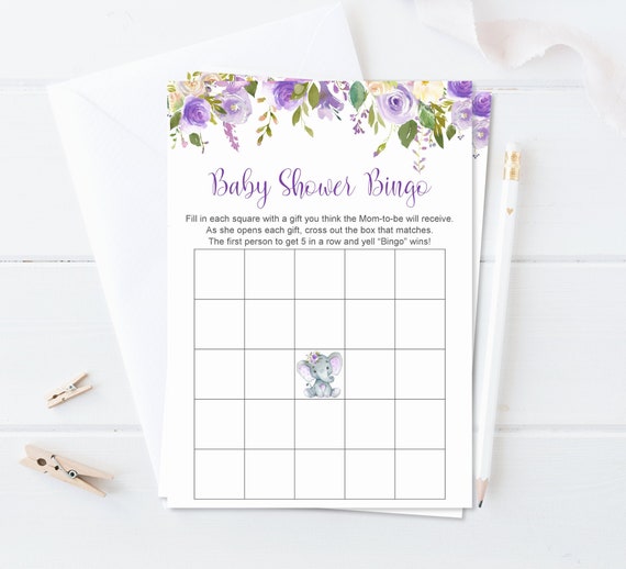 Elephant Baby Shower Game Bingo Cards Purple Elephant Blank Bingo ...