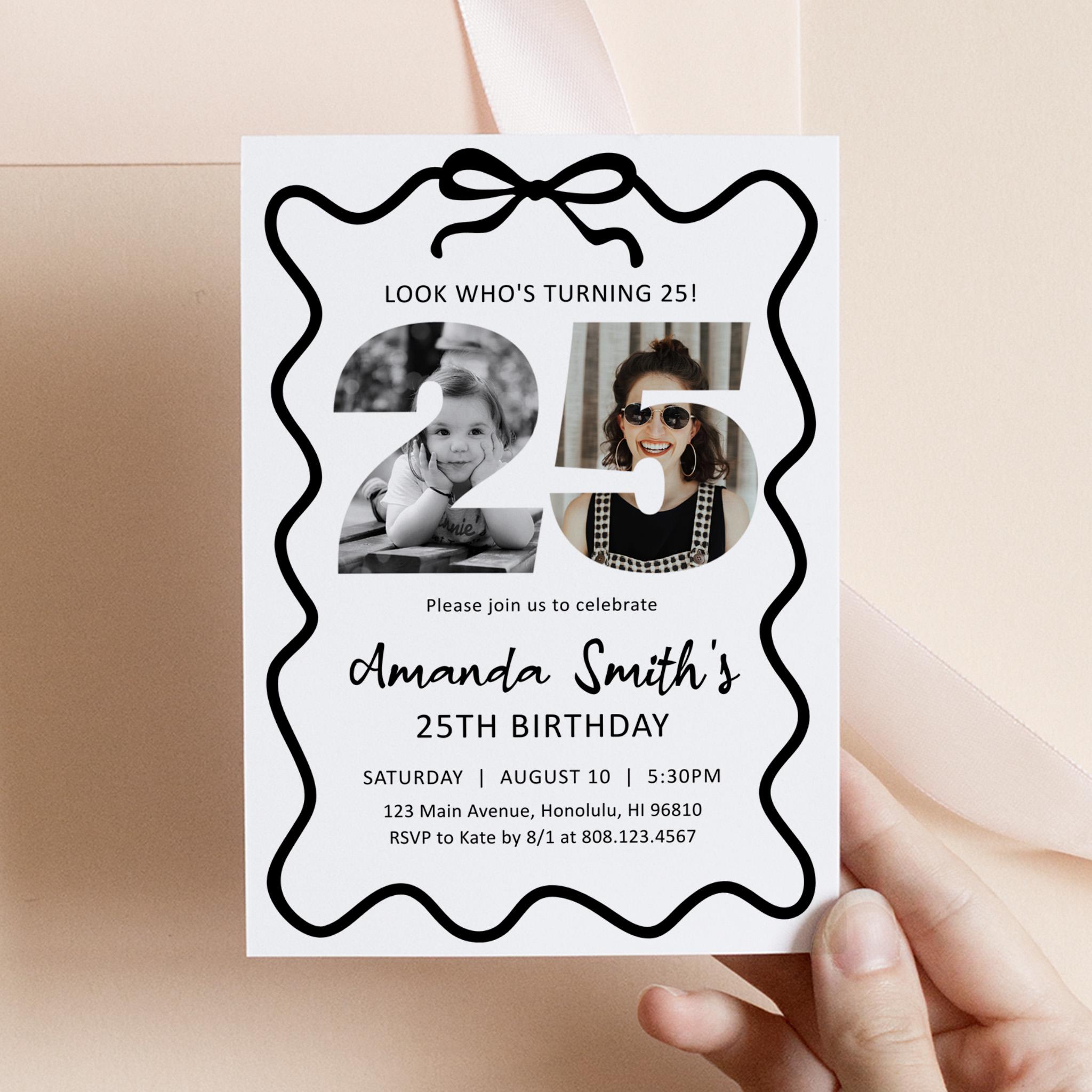 Editable 25th Birthday Invite With Photo, Bow Birthday Invitation ...
