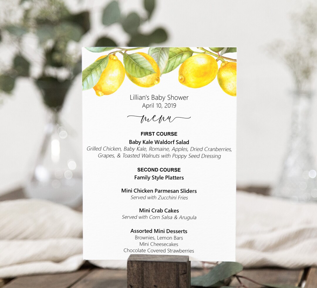 Menu Printable Lemon Citrus Lemons Theme Bridal Shower Baby Shower ...