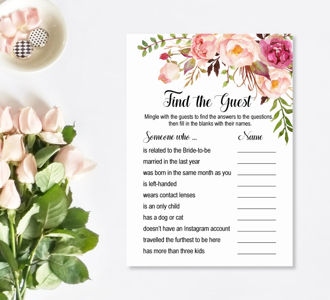 Find the Guest Game Icebreaker Game Pink Floral Boho Bridal Shower Game ...