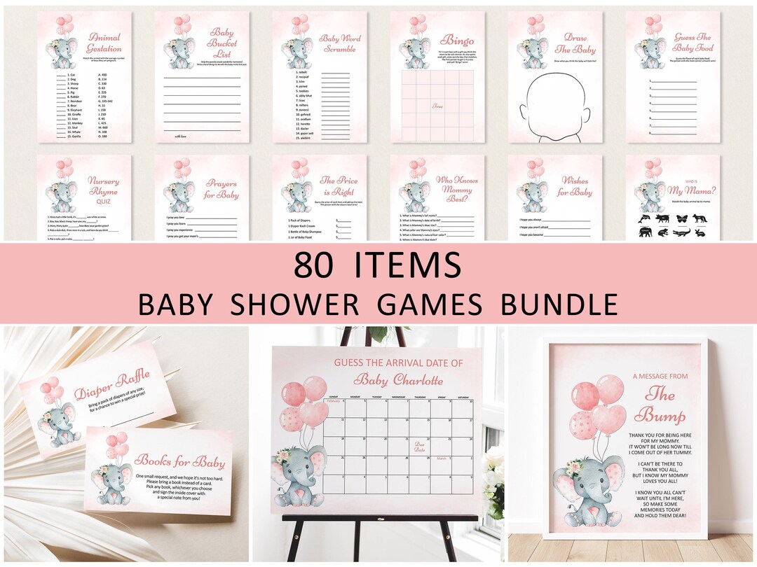 Editable Elephant Baby Shower Games Bundle Pink Elephant Girl Baby ...