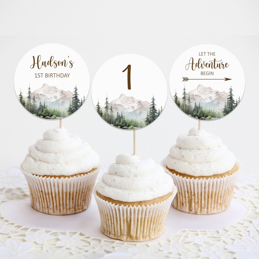 Editable Mountain Adventure Birthday Cupcake Toppers Outdoor Camping ...