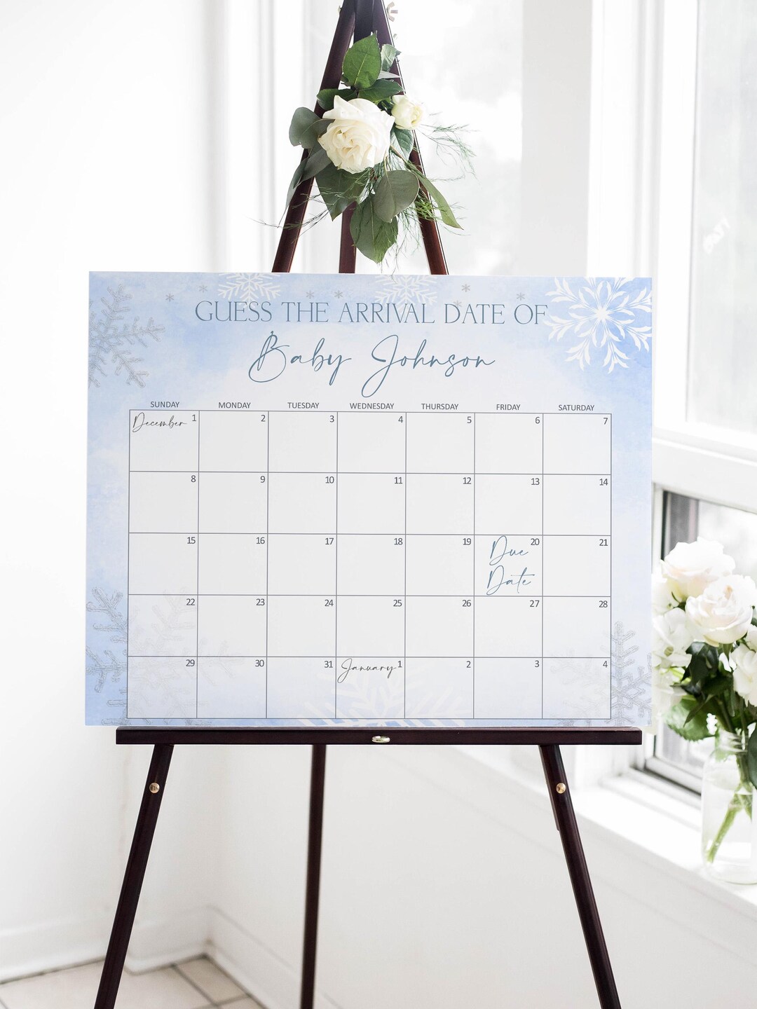 Editable Baby Due Date Calendar Sign Winter Baby Shower Game Blue ...