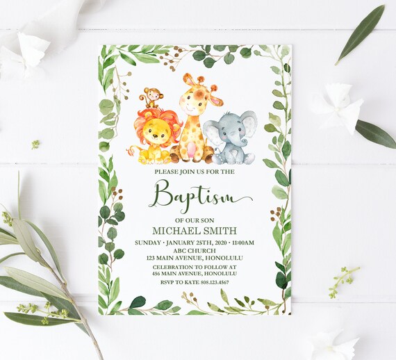 Baptism Invitation Jungle Animal Safari Baptism Invitation Gender ...